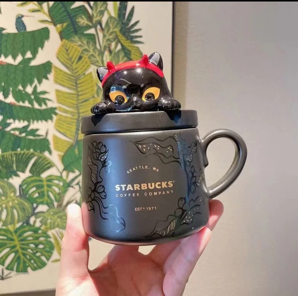NEW Starbucks Mug Halloween Cute Devil Horn Cat Coffee Ceramic Cup Lid ...
