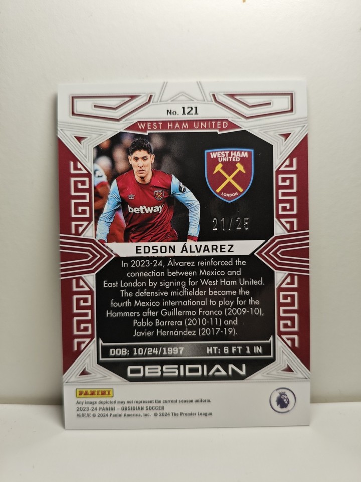 Edson Alvarez Panini Obsidian 2023-24 Purple FLOOD /25 SP West Ham ...
