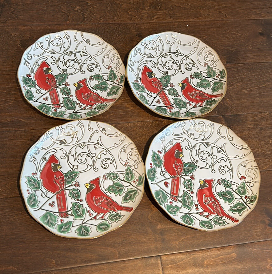 Spectrum Designz Christmas Salad Plates Set Of 4 Red Cardinal Berry New ...