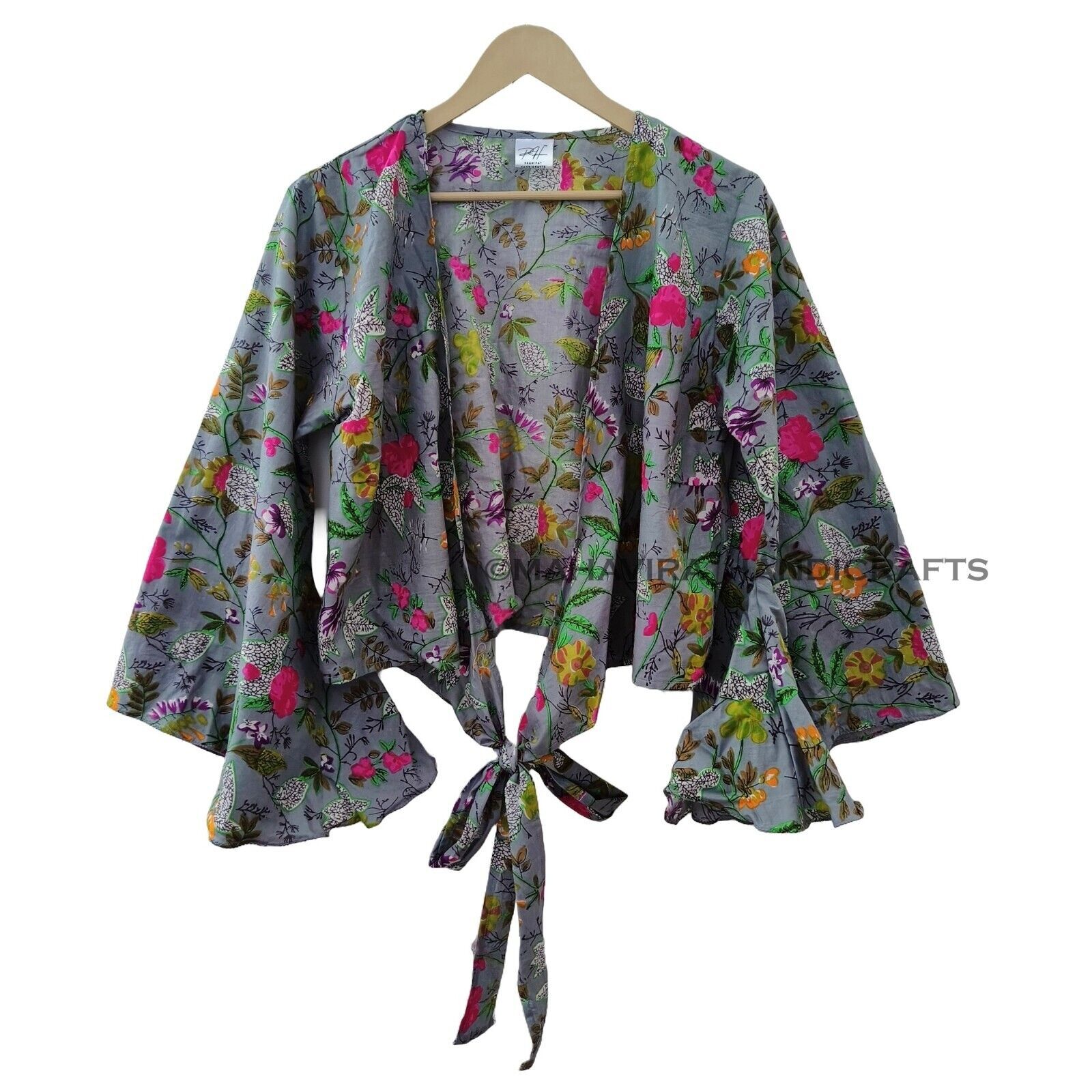 Indian Cotton Bell Sleeves Gray Floral Print Adjustable Gypsy Tie Front ...