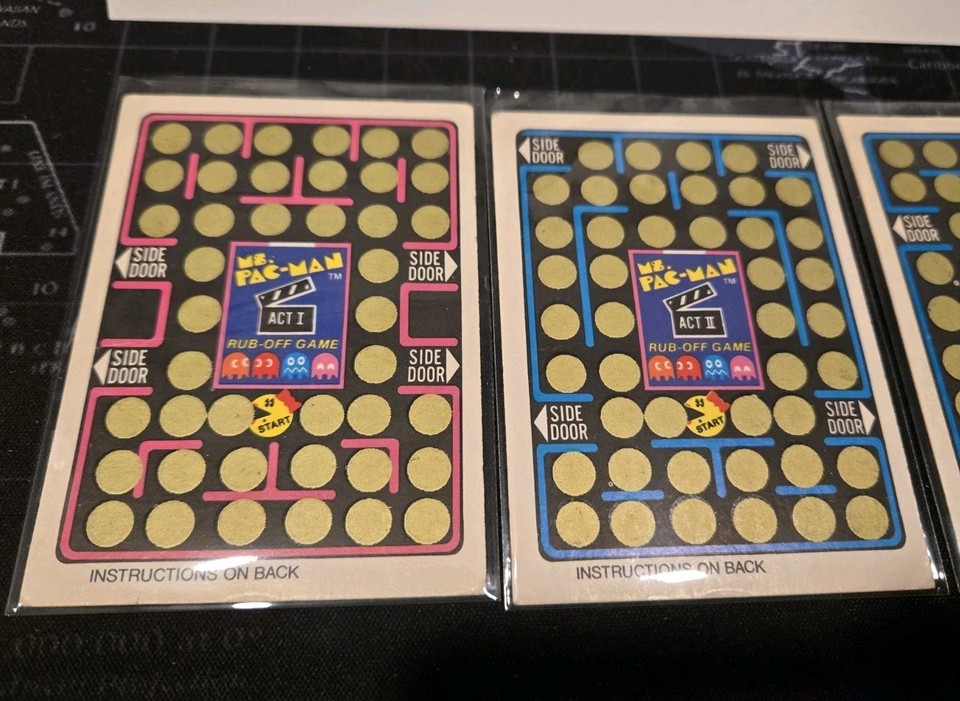 1981 Bally Midway MS PAC-MAN Rub-Off Game Scratch Cards Acts I II III ...