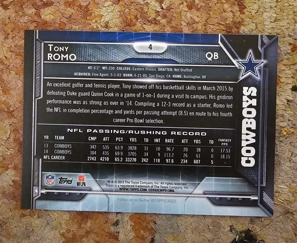 2015 Topps Tony Romo #4 Maybe Error? | eBay