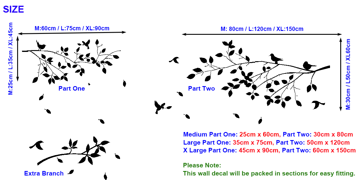 Large Tree Branch and Birds Art Wall Vinyl Stickers, DIY Wall Decor Art ...