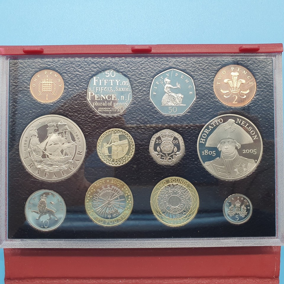 The Royal Mint - 2005 Proof 12 Coin Set In A Deluxe Red Leather Case ...
