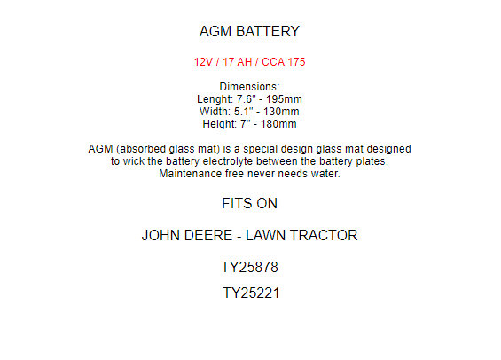 Caltric AGM Battery for John Deere TY25878 TY25221 Battery 12Volt 17 Ah ...