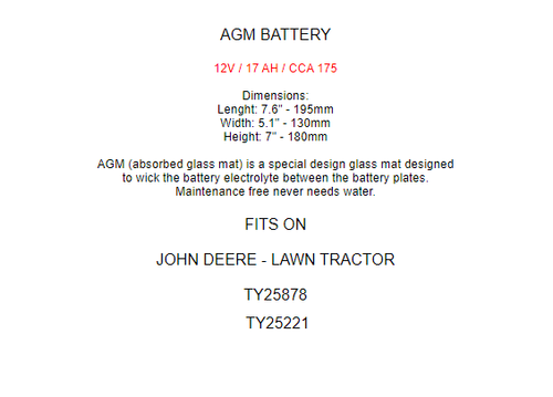 Caltric AGM Battery for John Deere TY25878 TY25221 Battery 12Volt 17 Ah ...