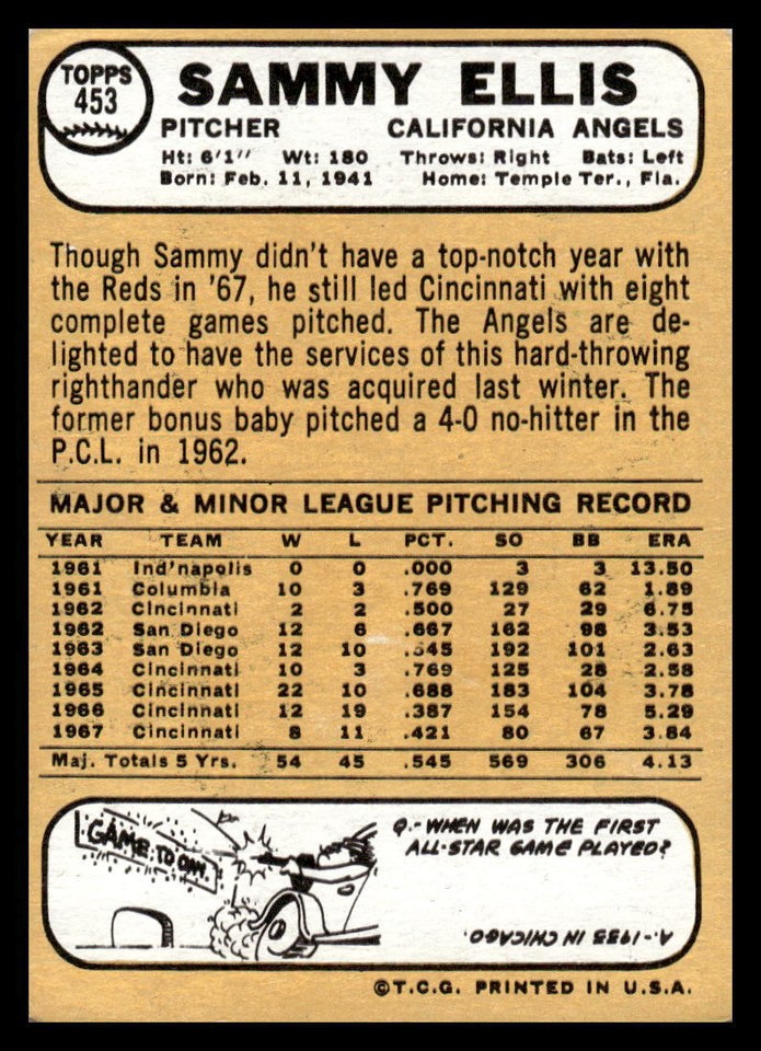 1968 Topps Sammy Ellis #453 California Angels Baseball Card | eBay