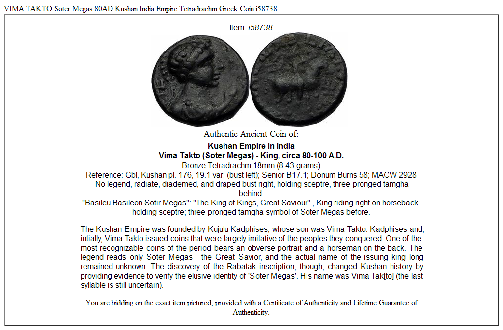 VIMA TAKTO Soter Megas 80AD Kushan India Empire Tetradrachm Greek Coin ...