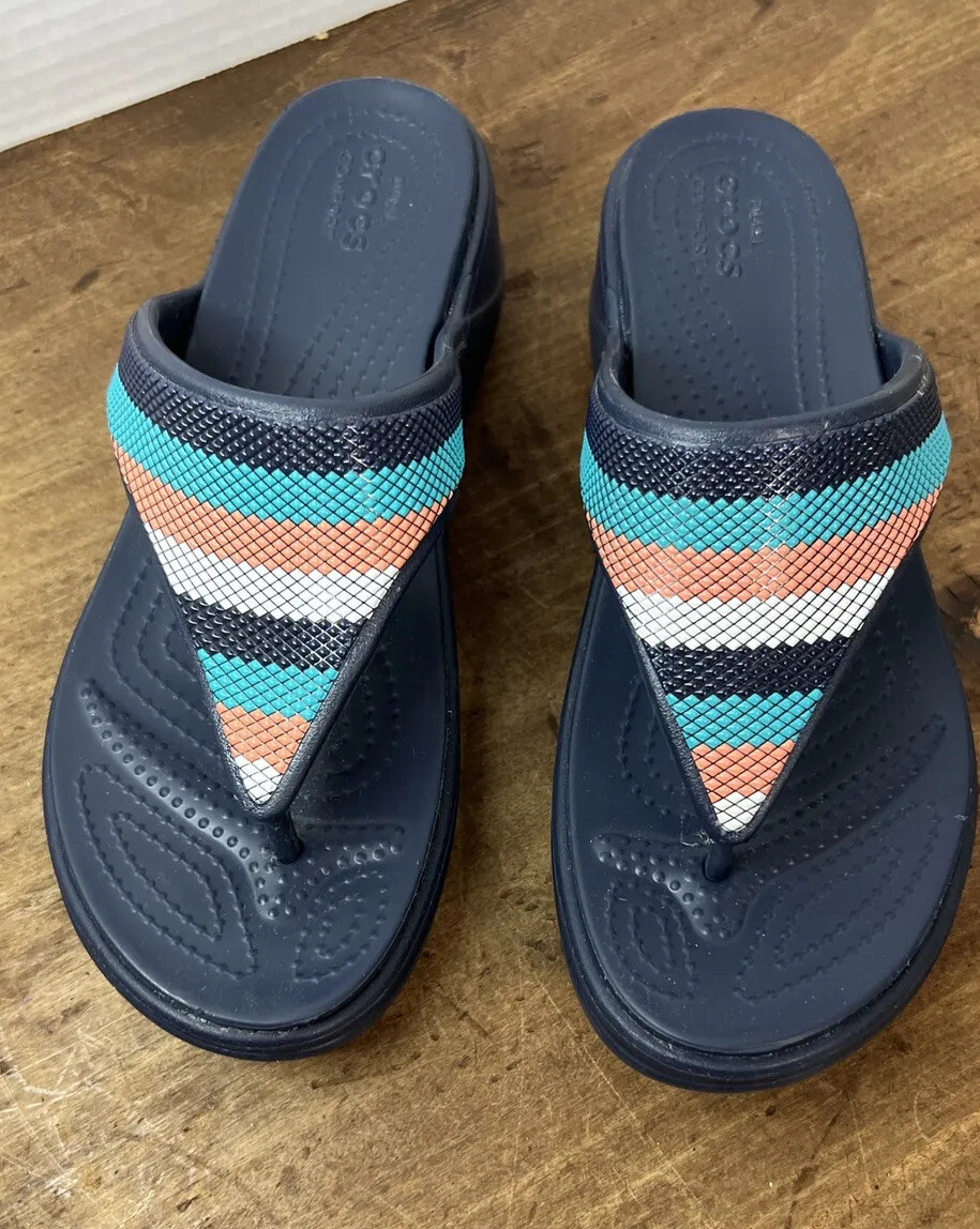 Crocs Women’s Monterey Striped Beaded Wedge Flip Flops dual comfort ...