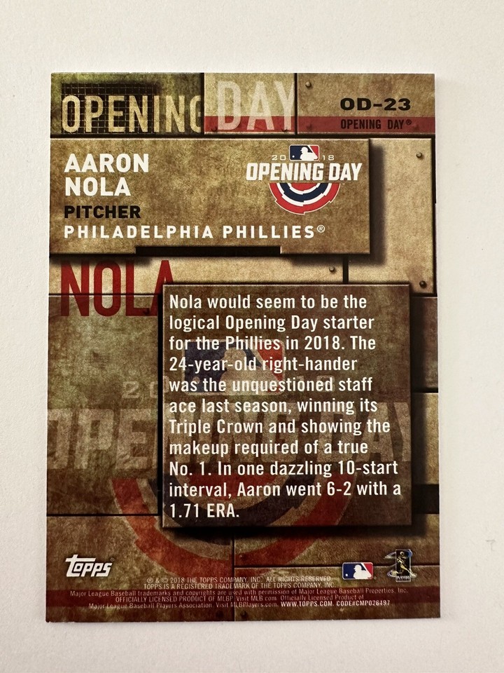 2018 Topps Opening Day Card Insert BLACK #OD-23 Aaron Nola Philadelphia ...