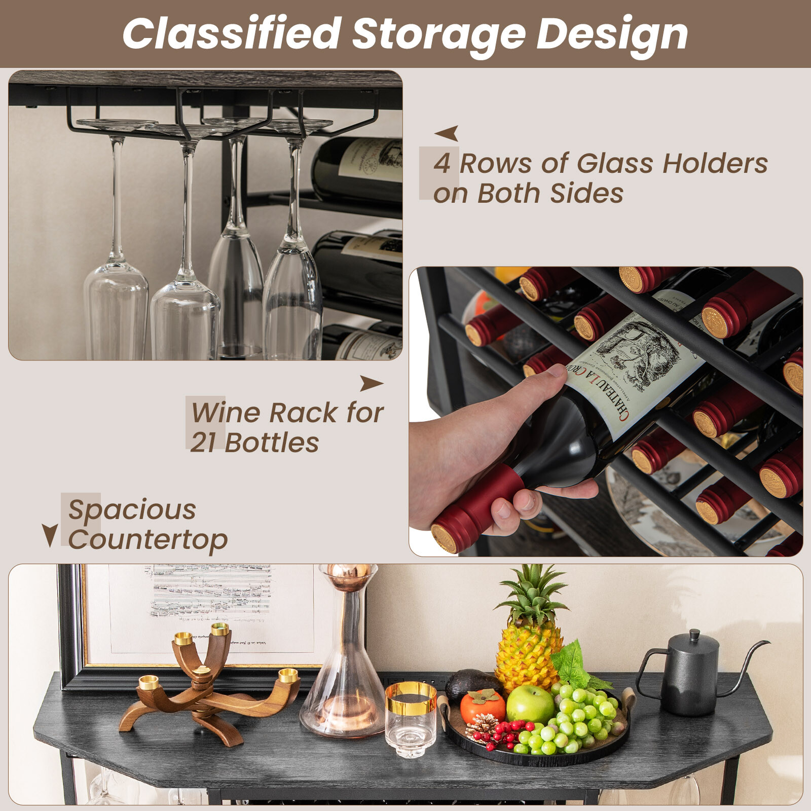 3-Tier Wine Rack Table w/Power Outlets, Wine Bottle Rack, Sideboard ...
