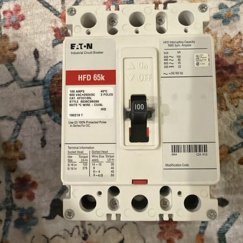 Eaton HFD3100L 100 Amp 3 Pole 600V 65K red label Circuit Breaker | eBay