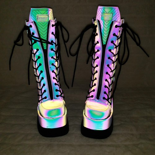 Void Purple Green Reflective Platform Wedge Mid Calf Boots IN HOUSE NY ...
