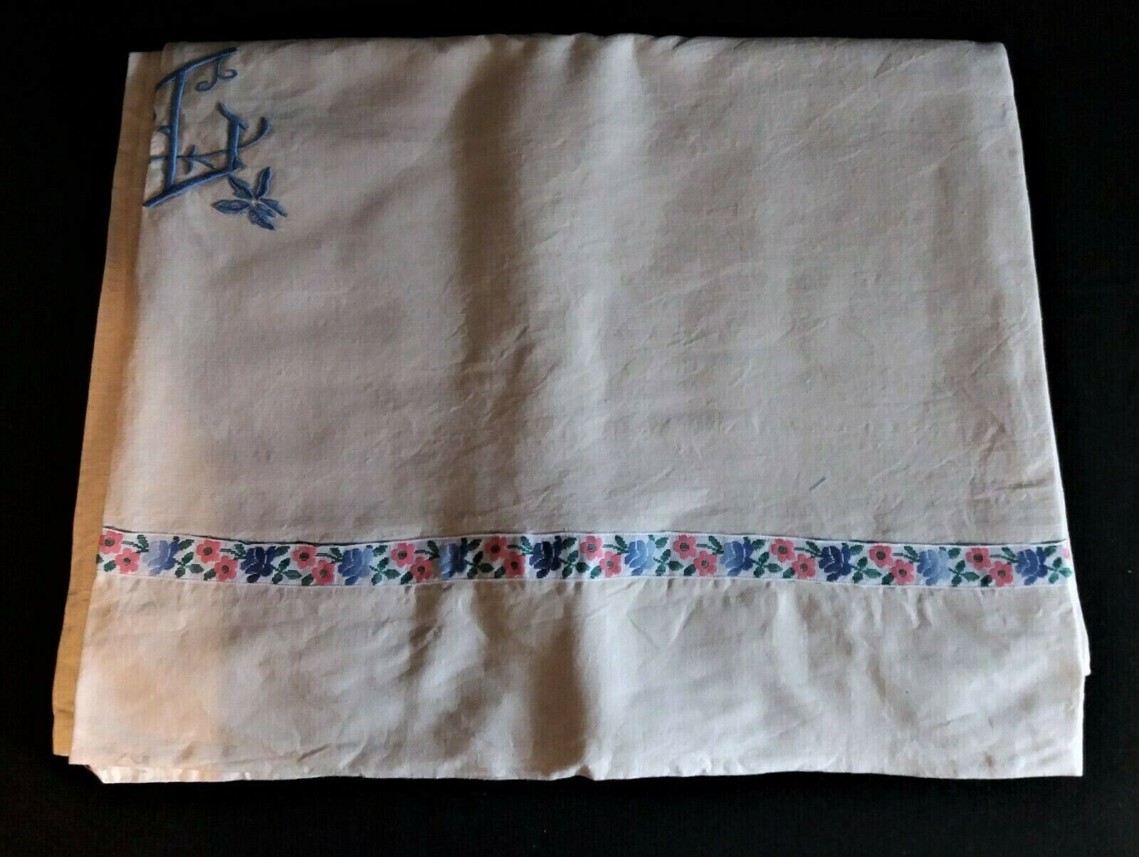 Drap ancien brodé métis fleur bleue dans la lisière 205 X 315 cm | eBay