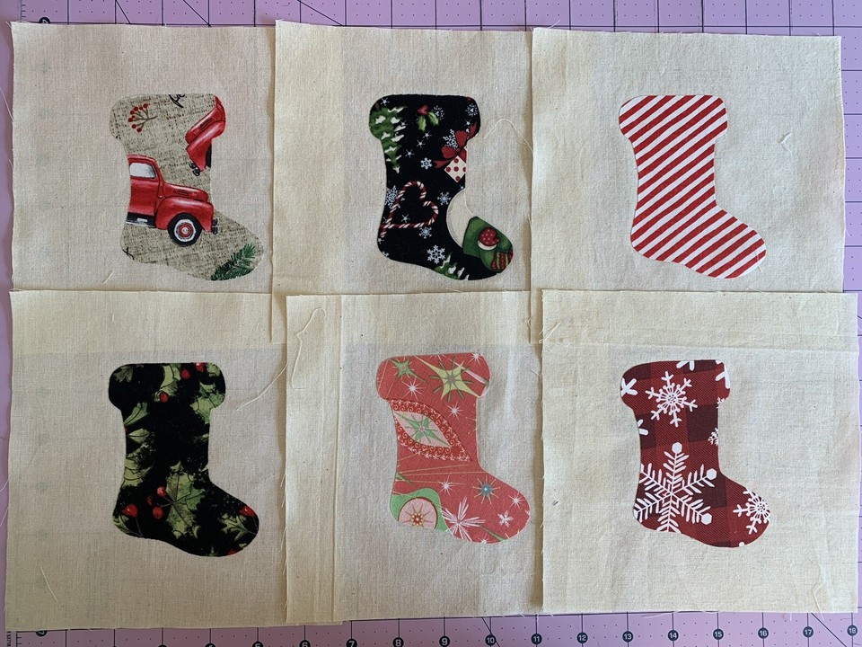 Set Of 12 Christmas Stockings 7” Appliqed Quilting Blocks | eBay