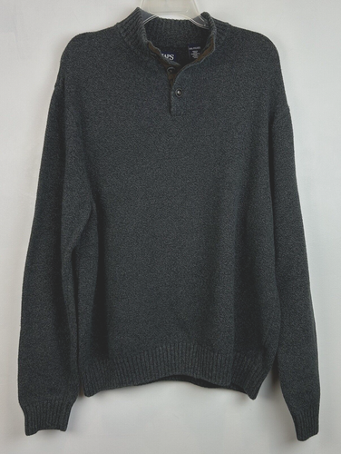 Chaps Sweater Mens XXL Quarter Button Elbow Patch Mock Neck Gray Cotton ...