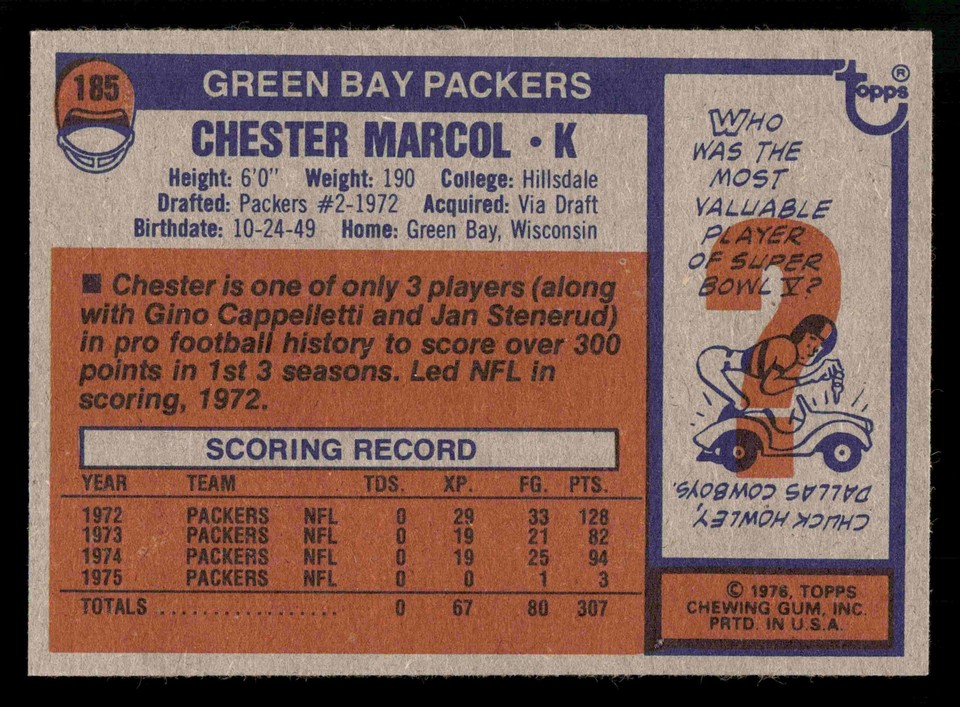 1976 Topps Chester Marcol #185 - Green Bay Packers - NM+ | eBay
