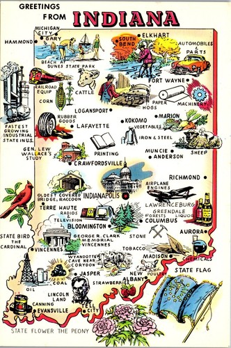 Vintage State Map Points of Interest Postcard Greetings from Indiana IN ...