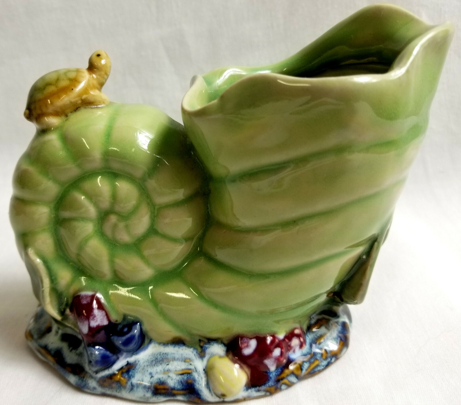 Art Pottery Sea Shell Vase Ocean Turtles Coral Green Blue 4.5" Tall | eBay