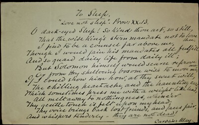 Handwritten Manuscript Poem by Caroline May – “To Sleep” 19th Cent ...