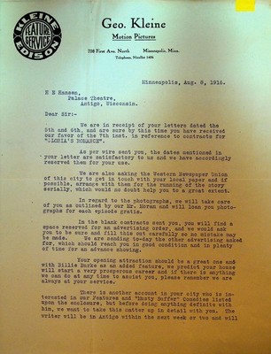 George Kleine Motion Pictures Letterhead August 8 1916 Gloria's Romance ...