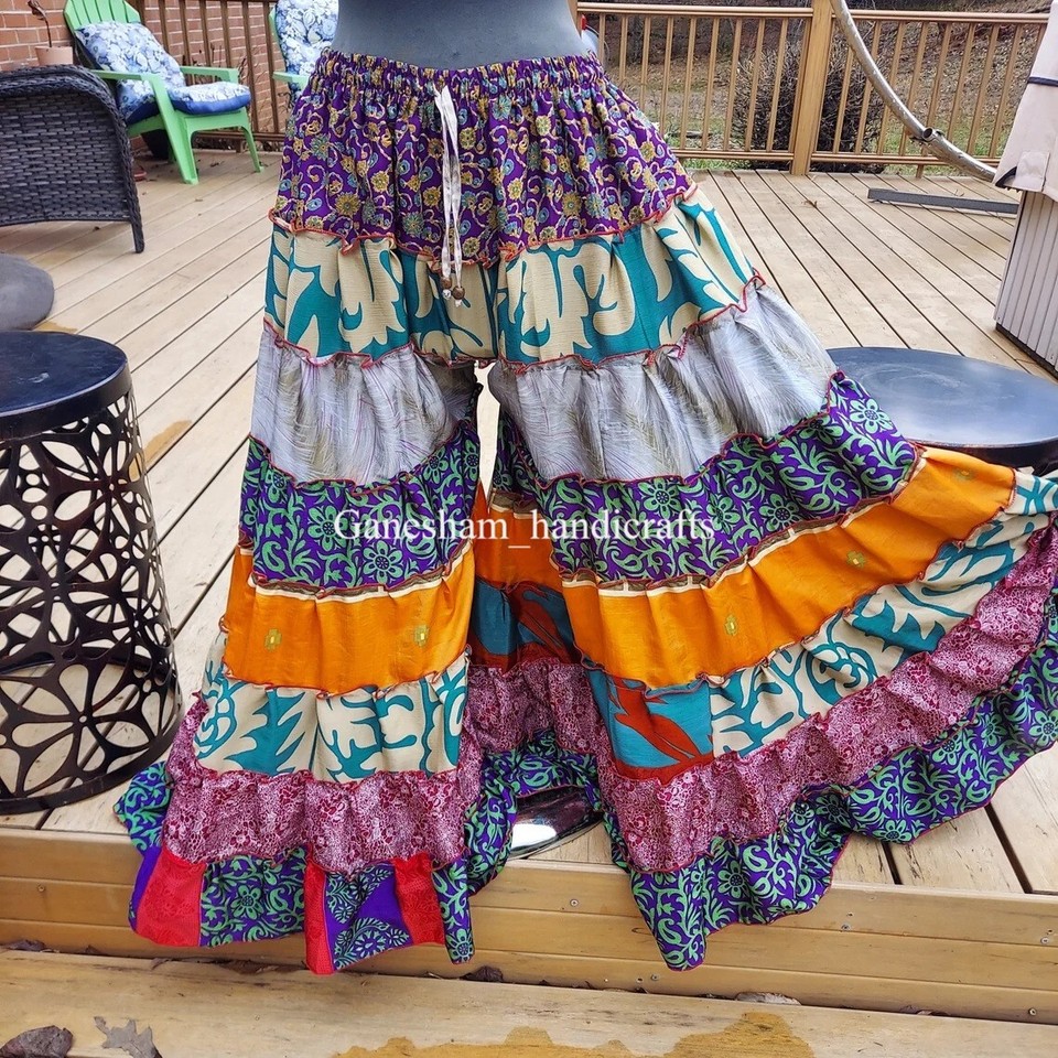 1 Pcs OF Indian Vintage Sari Printed Boho Gypsy Wide-Leg Palazzo Pants ...