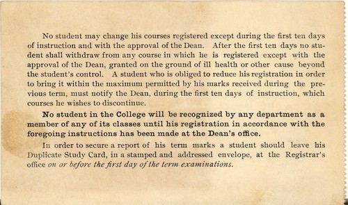 ANTIQUE 1908 "STUDY CARD CORNELL UNIVERSITY" COLLEGE OF ARTS & SCIENCES ...