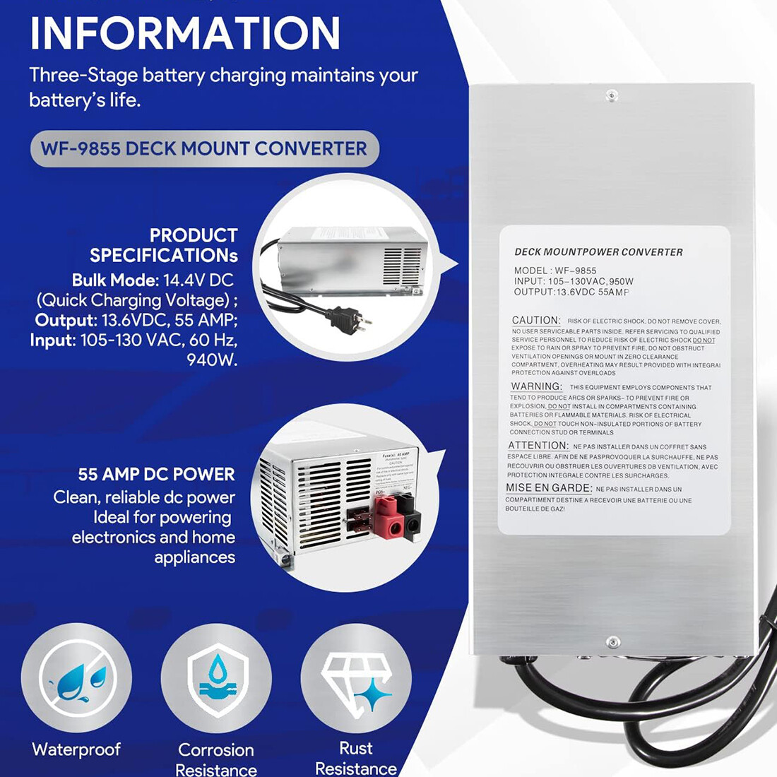 for WFCO WF-9855 55 Amp Deck Mount Power Converter Charger Corded RV ...