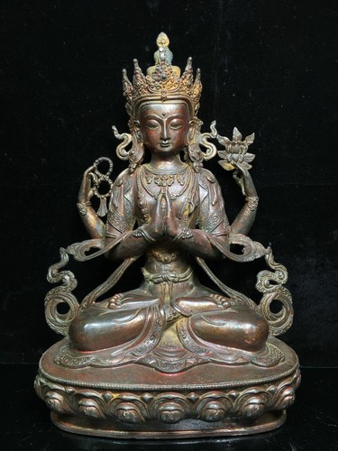 12" Old Tibetan Buddhism Temple Bronze Gilt Four Arms Guanyin ...