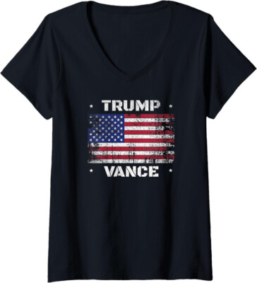 Trump Vance Distressed US Flag Election President Fan Ladies' V-Neck ...