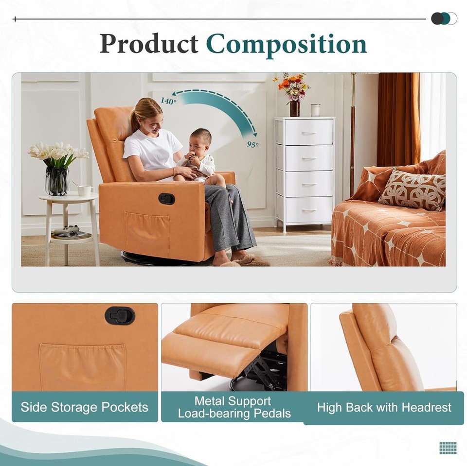 Brown Swivel Rocker Recliner Singer Sofa Manual Bedroom Nursery Glider ...