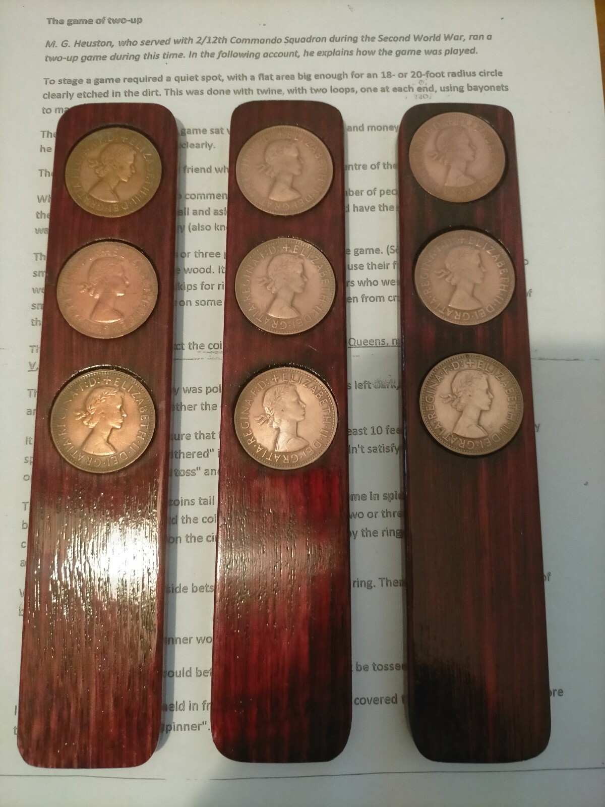 TWO UP SET counter sunk coin placement real pennies tassie oak. | eBay