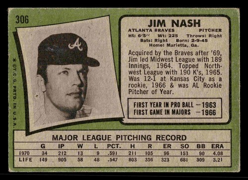 1971 Topps #306 Jim Nash - Atlanta Braves (WITH BLOB/Low Grade) | eBay