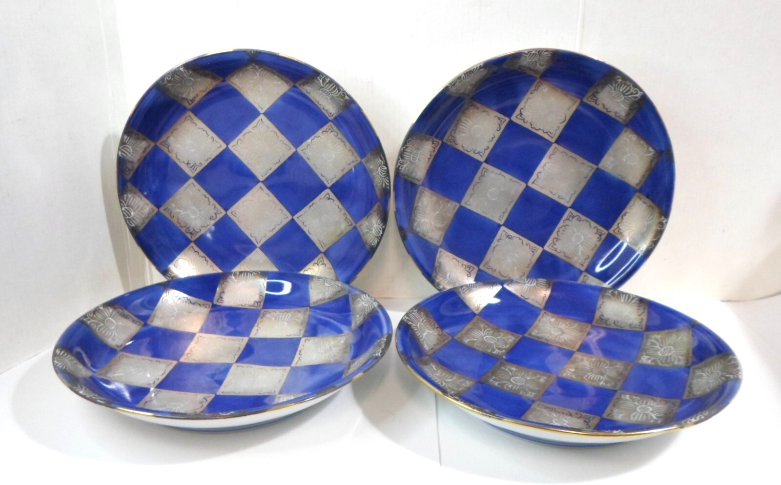 4 Vintage JAPANESE CHECKERBOARD PATTERN PLATES Blue & Platinum Floral ...