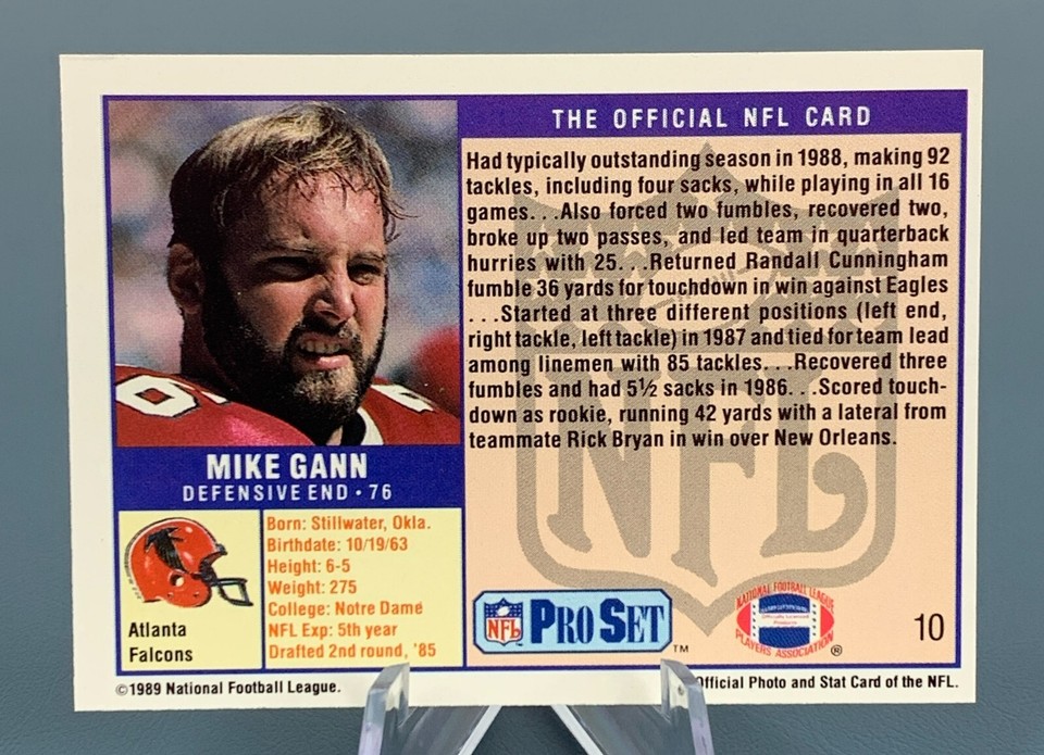 1989 NFL Pro Set Mike Gann Card #10 Atlanta Falcons Football ...