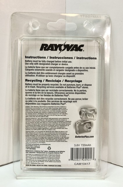 Rayovac Lithium Battery Digital Camera Camcorder CAM10417 3.6V 720mAh ...