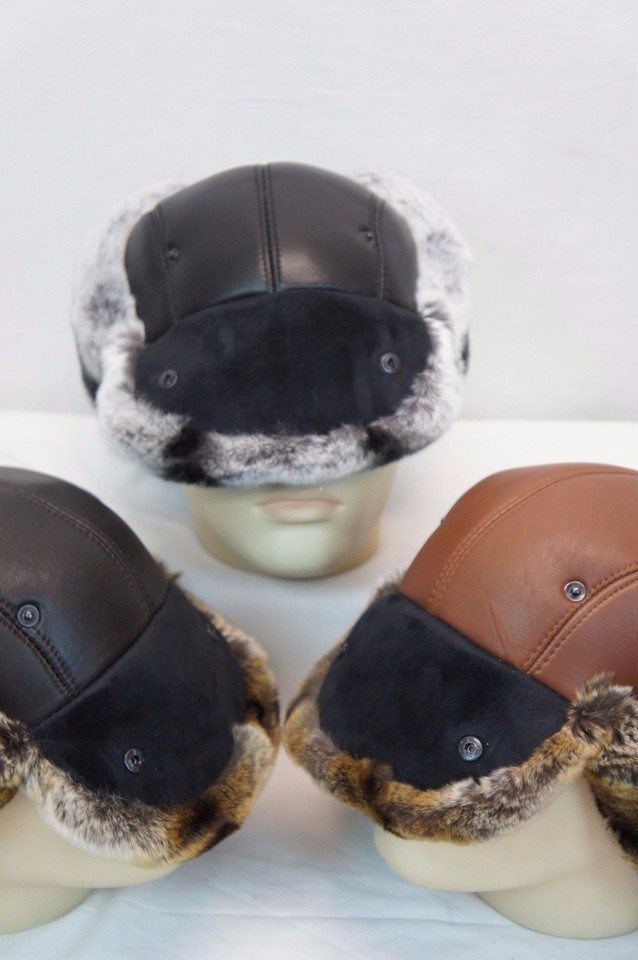 GENUINE CHINCHILLA Rex Fur REAL LEATHER Unisex Trapper Ushanka Winter ...