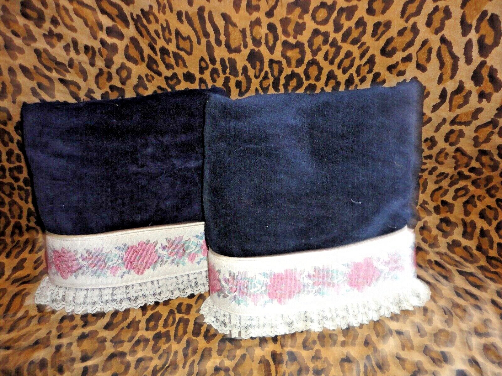 VINTAGE FIELDCREST TAPESTRY BLACK FLORAL LACE (2P) SET BATH TOWELS 26 X ...