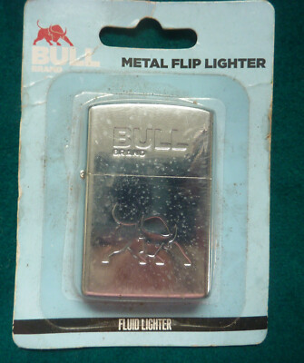 BULL BRAND Metal Flip Petrol Lighter New Old Stock Steel Impressed Bull ...
