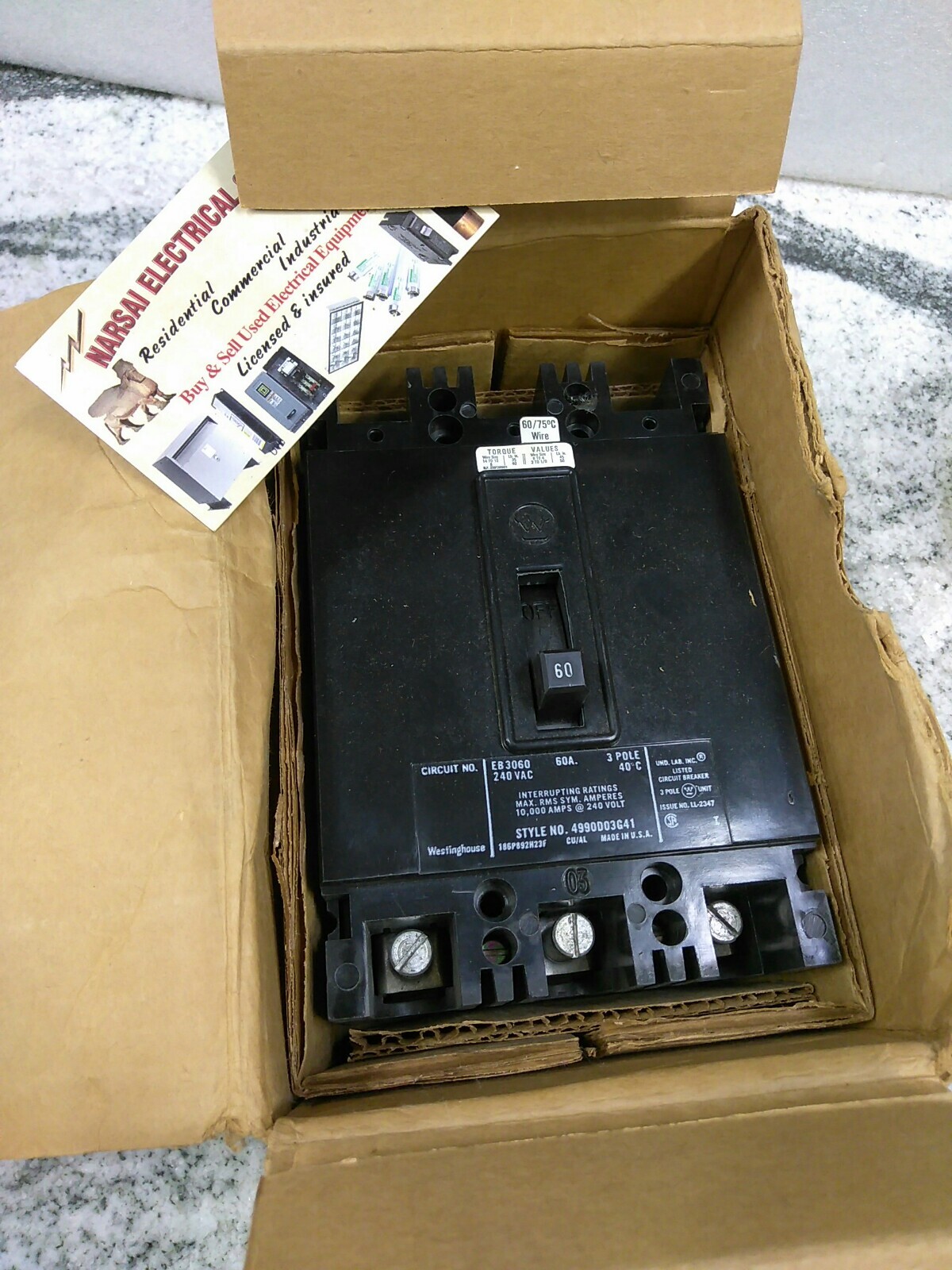 Westinghouse EB3060 60AMP 240VAC 3P Style #4990D03G41, TYPE EB Breaker ...