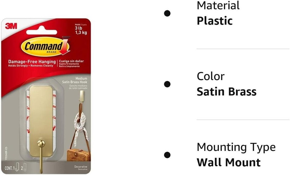 Command Medium Decorative Wall Hook, Holds up to 3 lb Satin Brass Hook ...