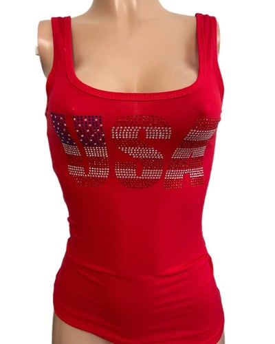 Red ribbed USA tank top bling rhinestones party cami top Y2K glam event ...