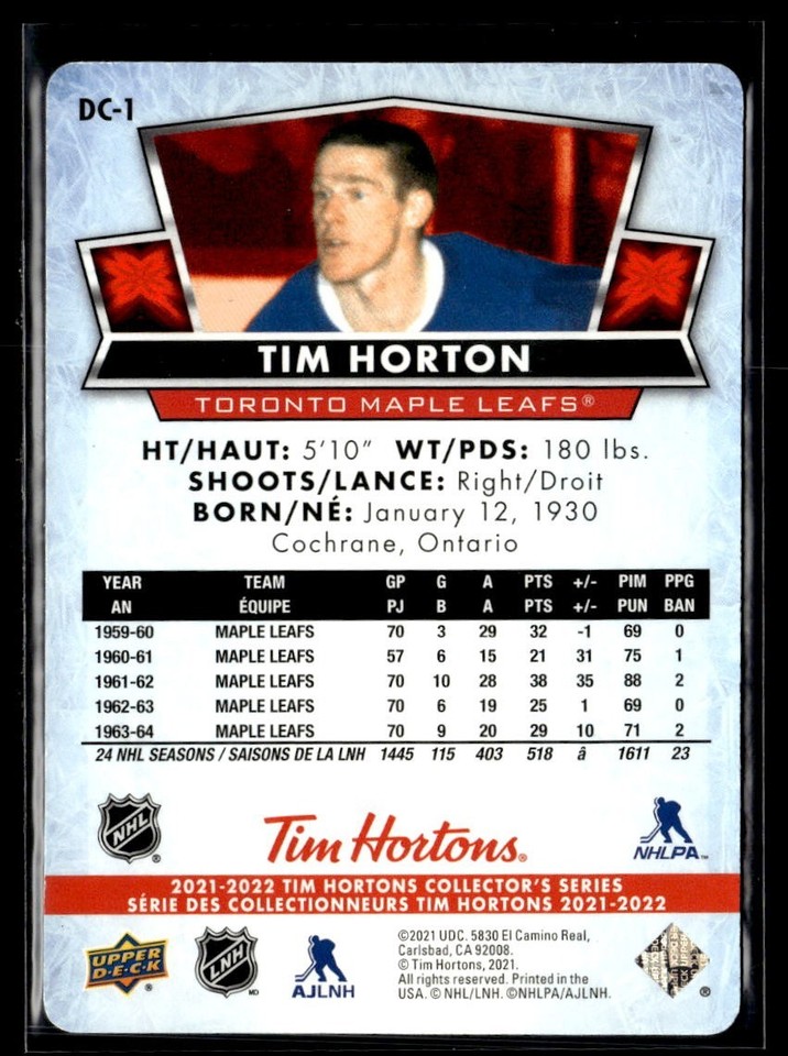 2021-22 Tim Hortons Collector's Series Red Die Cut #DC-1 Tim Horton | eBay