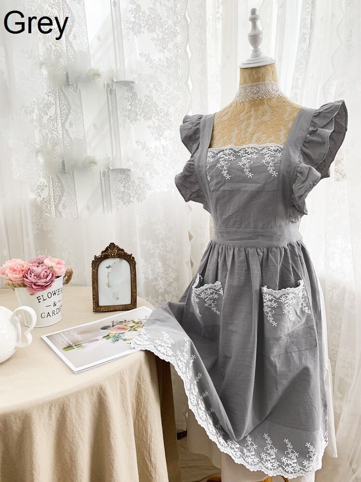 Lace Ruffles Cotton Apron Pockets Florist Cafe Maid Waitress Cooking ...