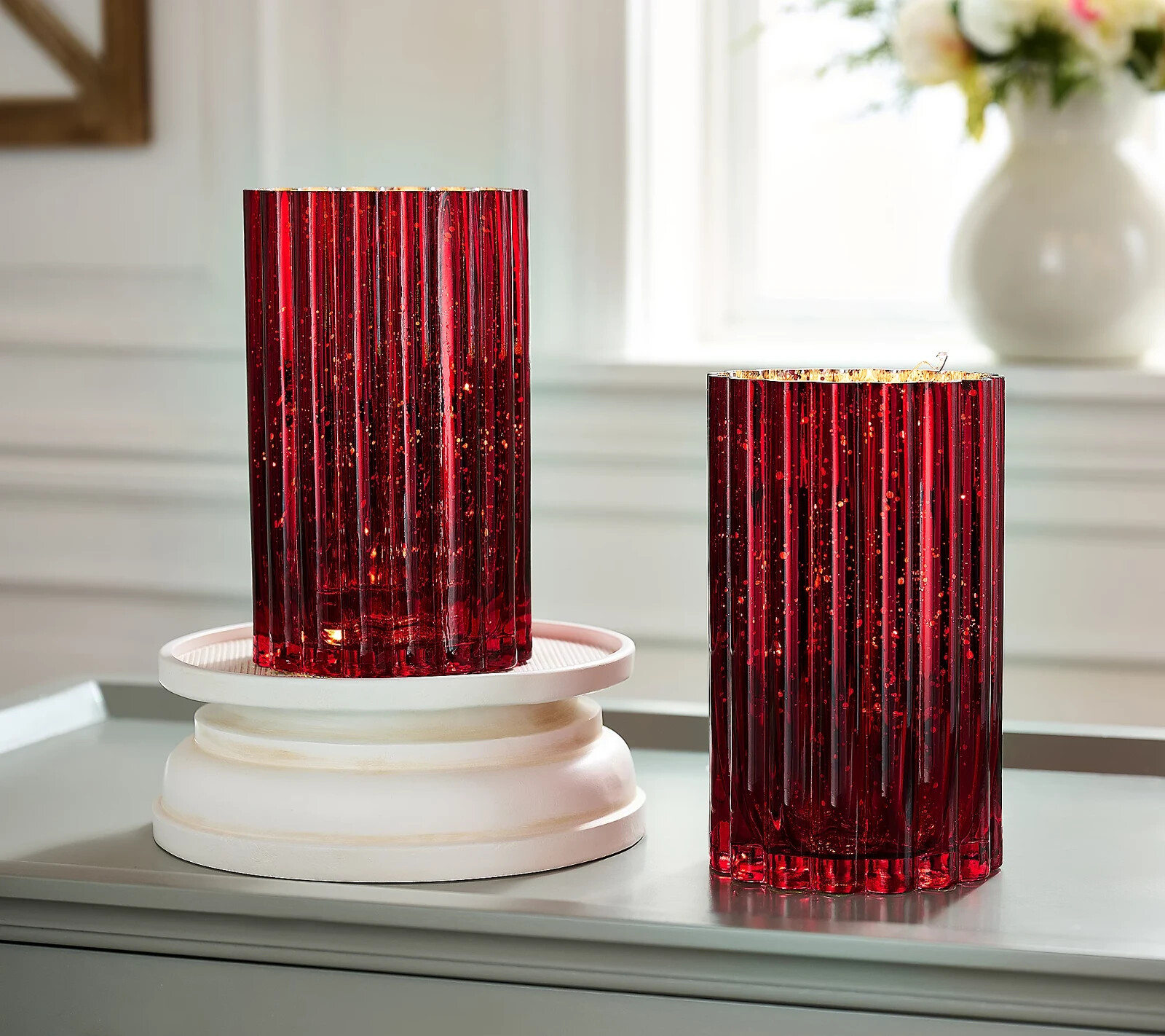 Set of 2 Illuminated Mercury Glass Hurricanes by Valerie - Red | eBay