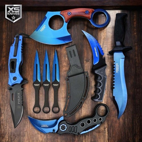 8pc Tactical BLUE Set BOWIE Fixed Blade THROWING KNIVES Pocket Knife ...