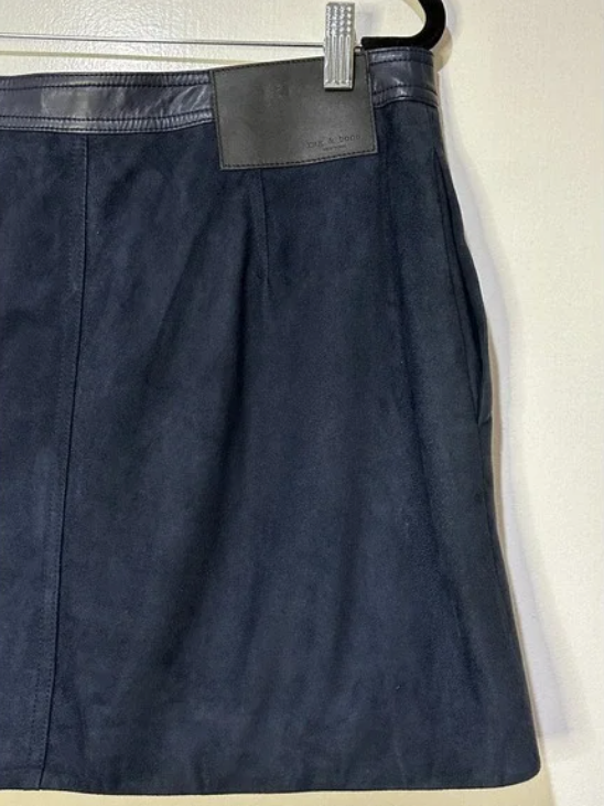 RAG & BONE Navy Siggy Suede Snap- Front Mini Skirt Leather Waistband 10 ...