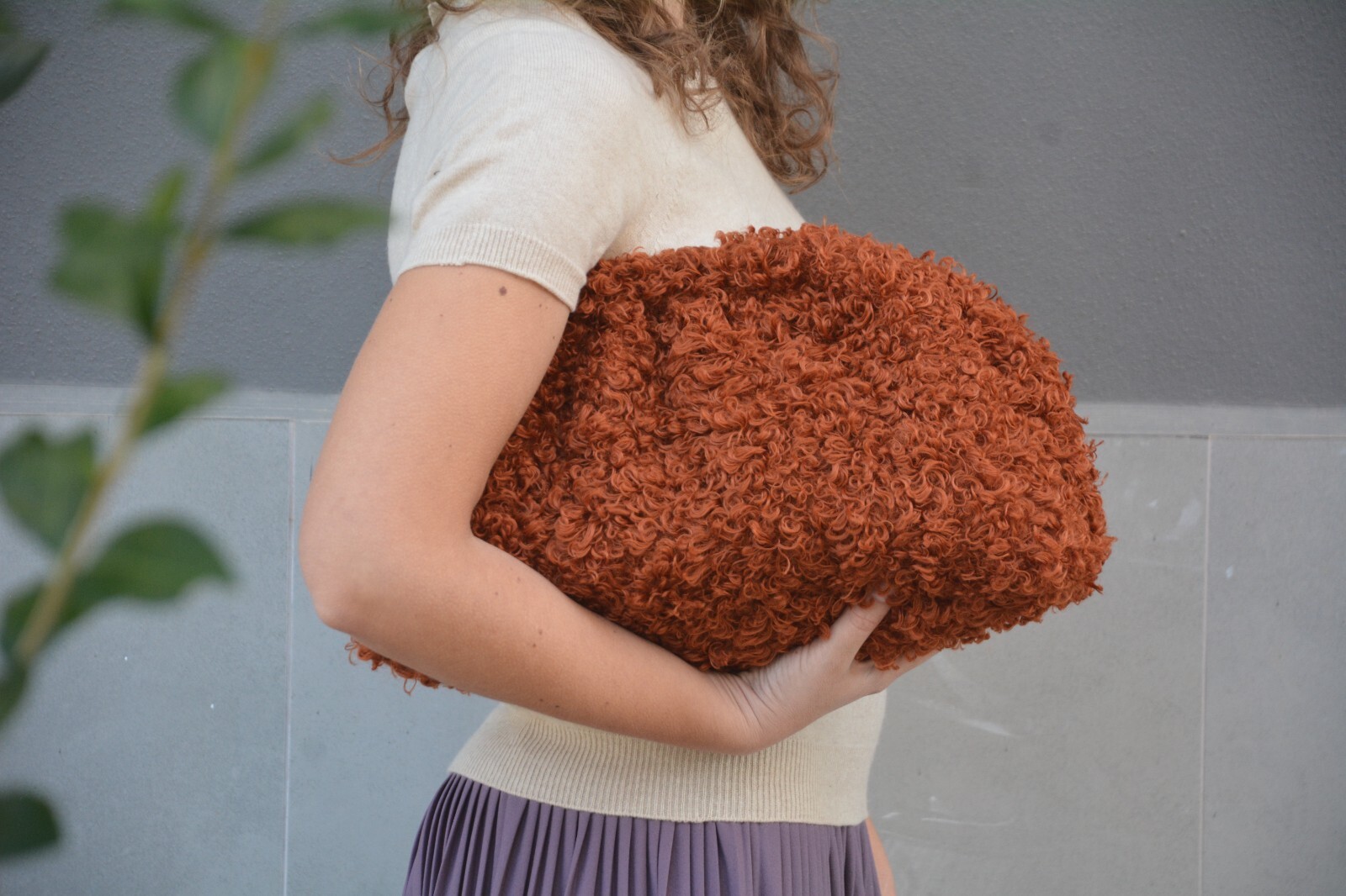 Curly fabric Dumpling clutch plush woven fluffy vegan Teddy Bag Fur ...