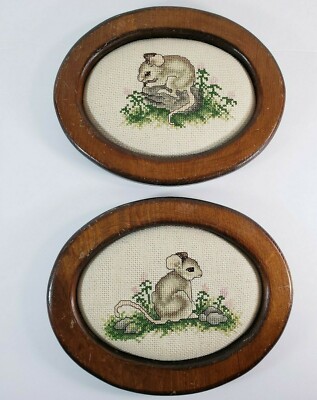 Vtg Cross Stitch of Mice Set of 2 Wood Frames Animal Rustic Farmhouse ...