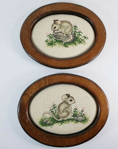 Vtg Cross Stitch of Mice Set of 2 Wood Frames Animal Rustic Farmhouse ...